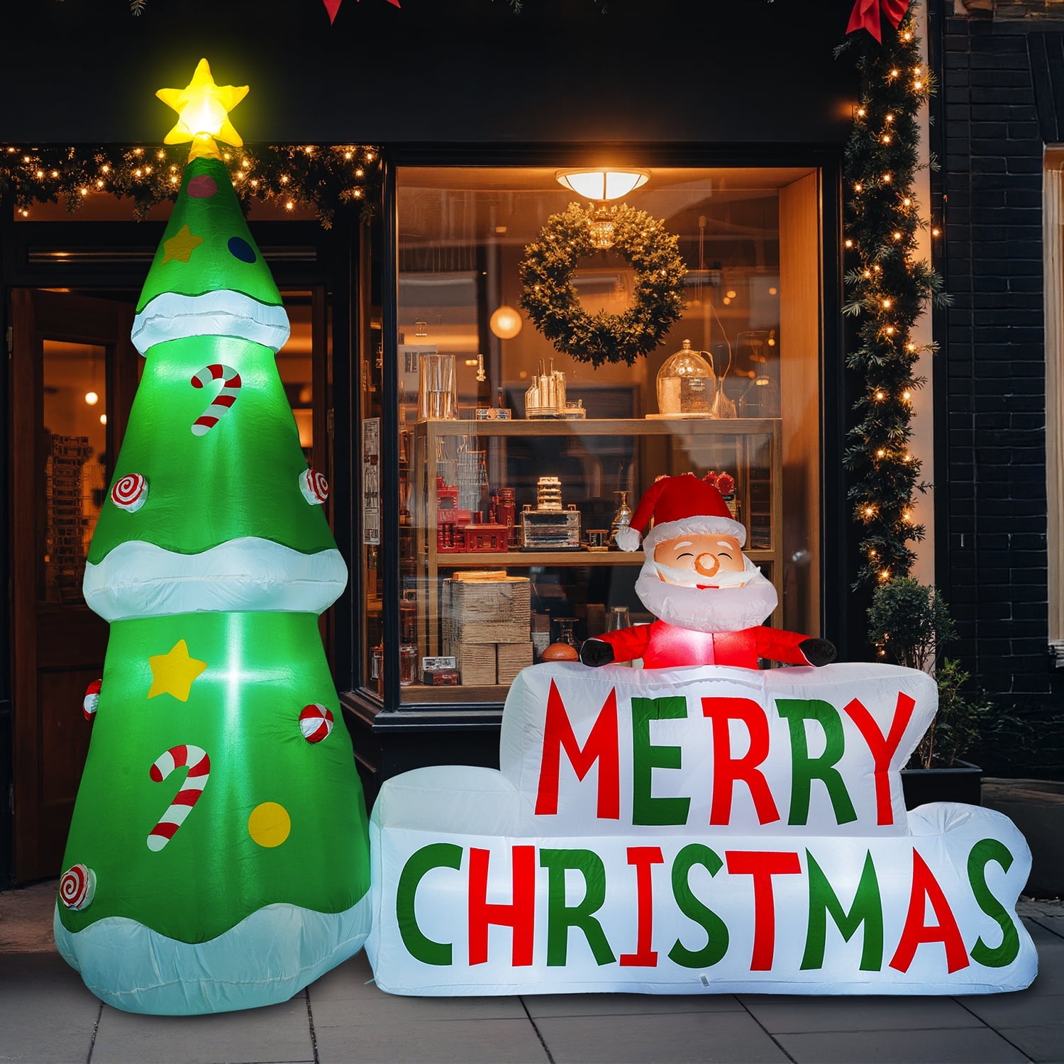 Inflatable Merry Christmas Sign with Santa and Tree LED Light-Up ...