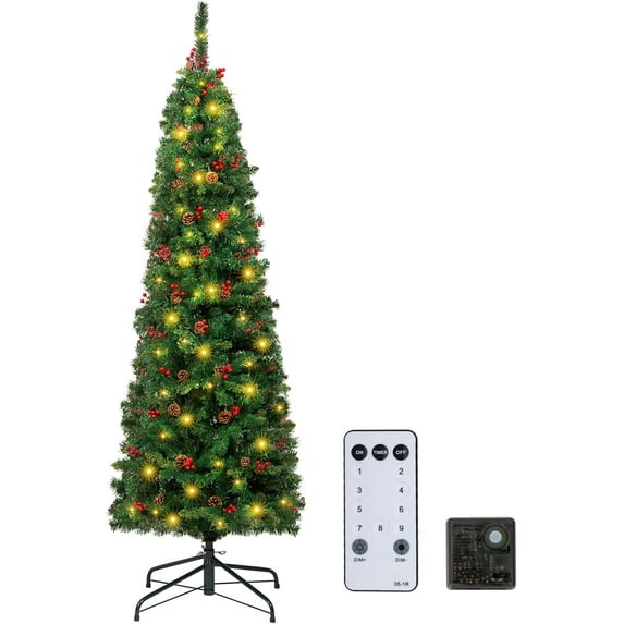 7ft Pencil Christmas Tree with Remote Control, Prelit Slim Artificial ...