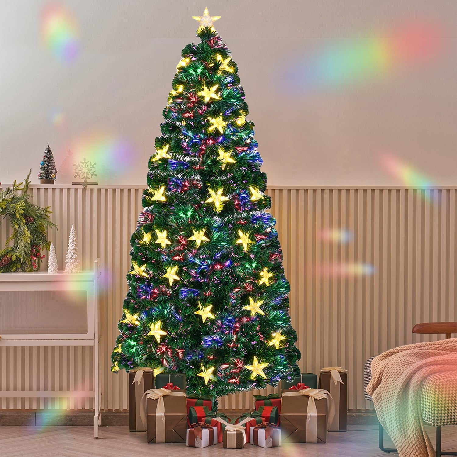 7ft Pre-Lit Artificial Christmas Tree, Lighted Optical Fiber Xmas Trees ...