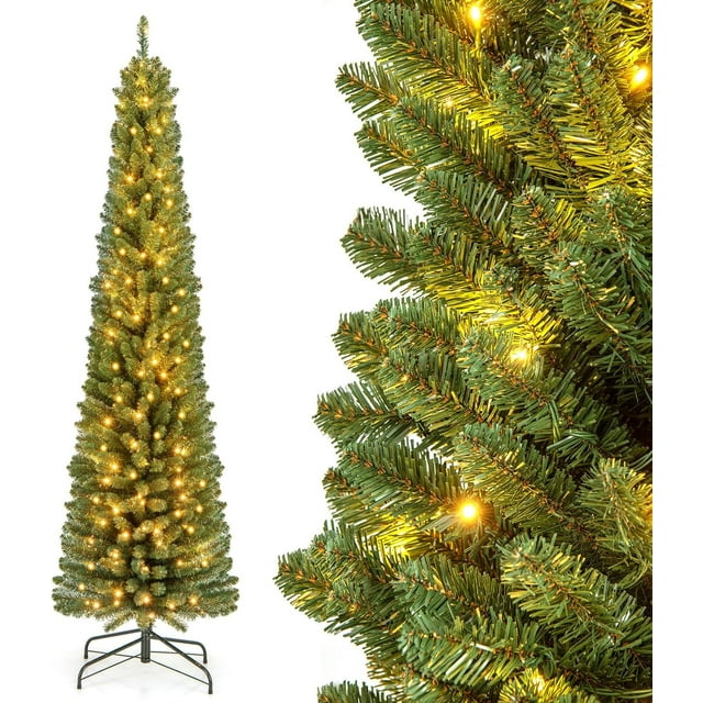 7ft Pre-Lit Slim Pencil Christmas Tree, Artificial Skinny Xmas Tree with Quick Shape Technology ...