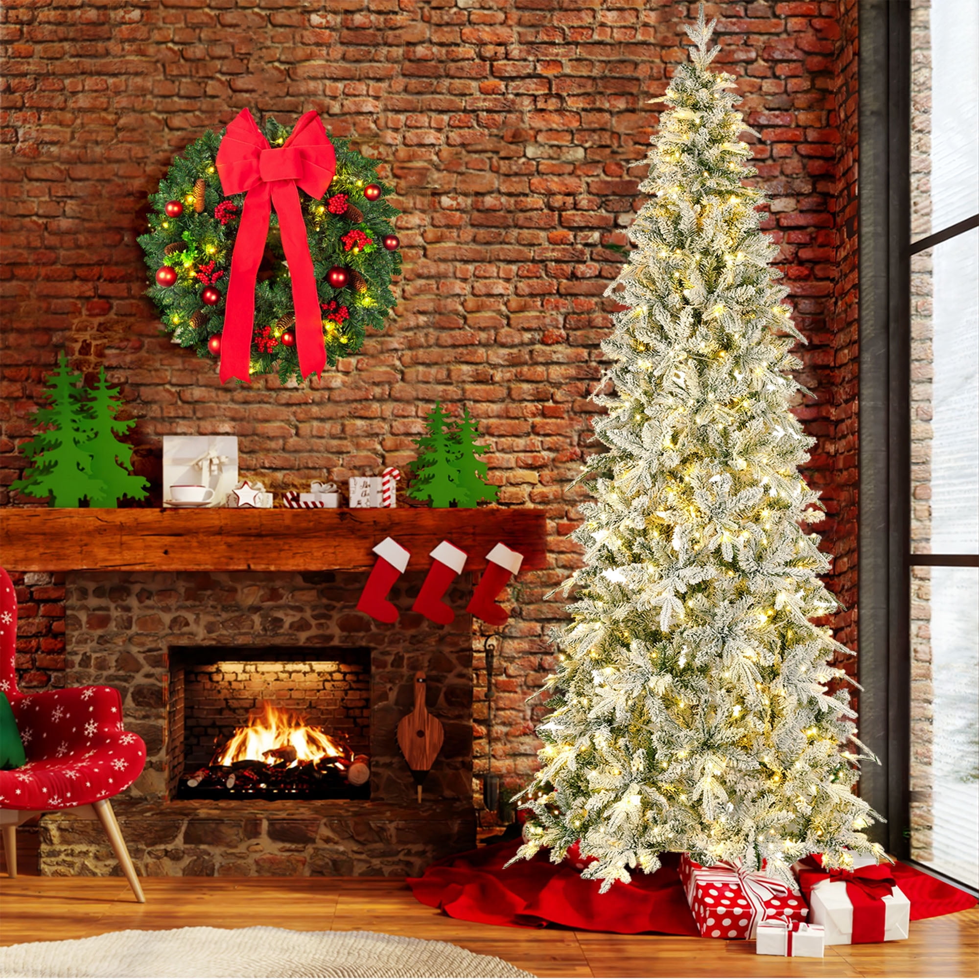 iFanze 7ft XMAS Pre-Lit Snow Flocked Pine Tree with 300 LED Lights ...