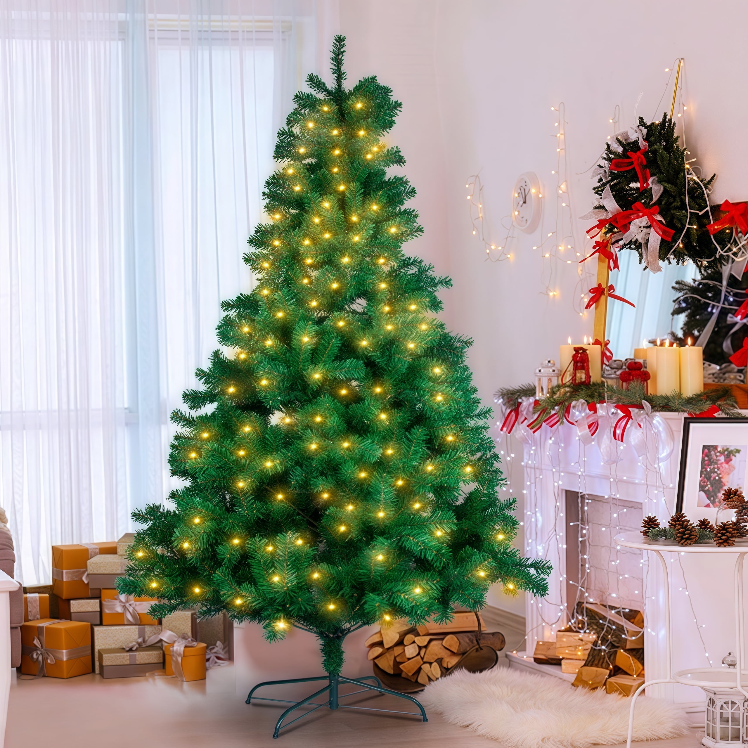 7ft Pre-lit Christmas Tree with 450 Warm White LEDs, Full Branches ...