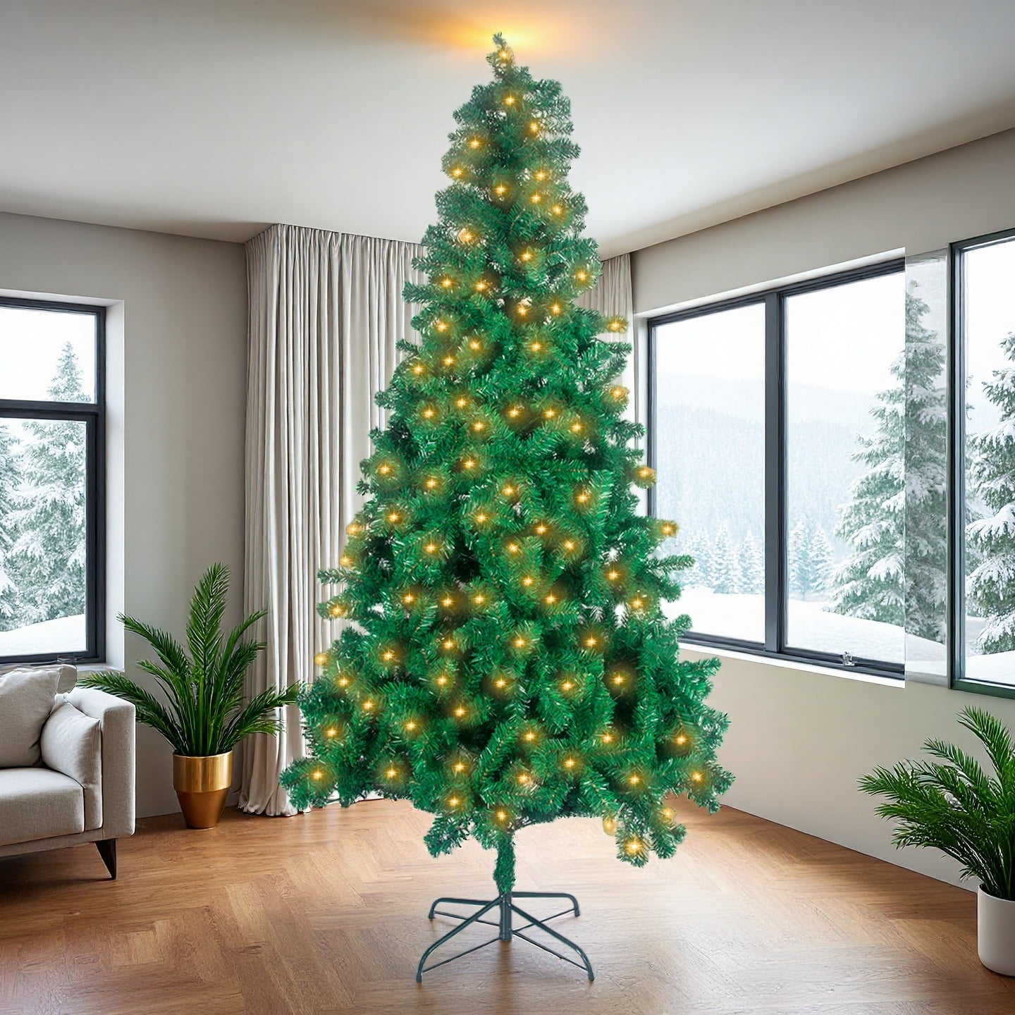 7ft Pre-lit Christmas Tree with 450 Warm White LEDs, Full Branches ...