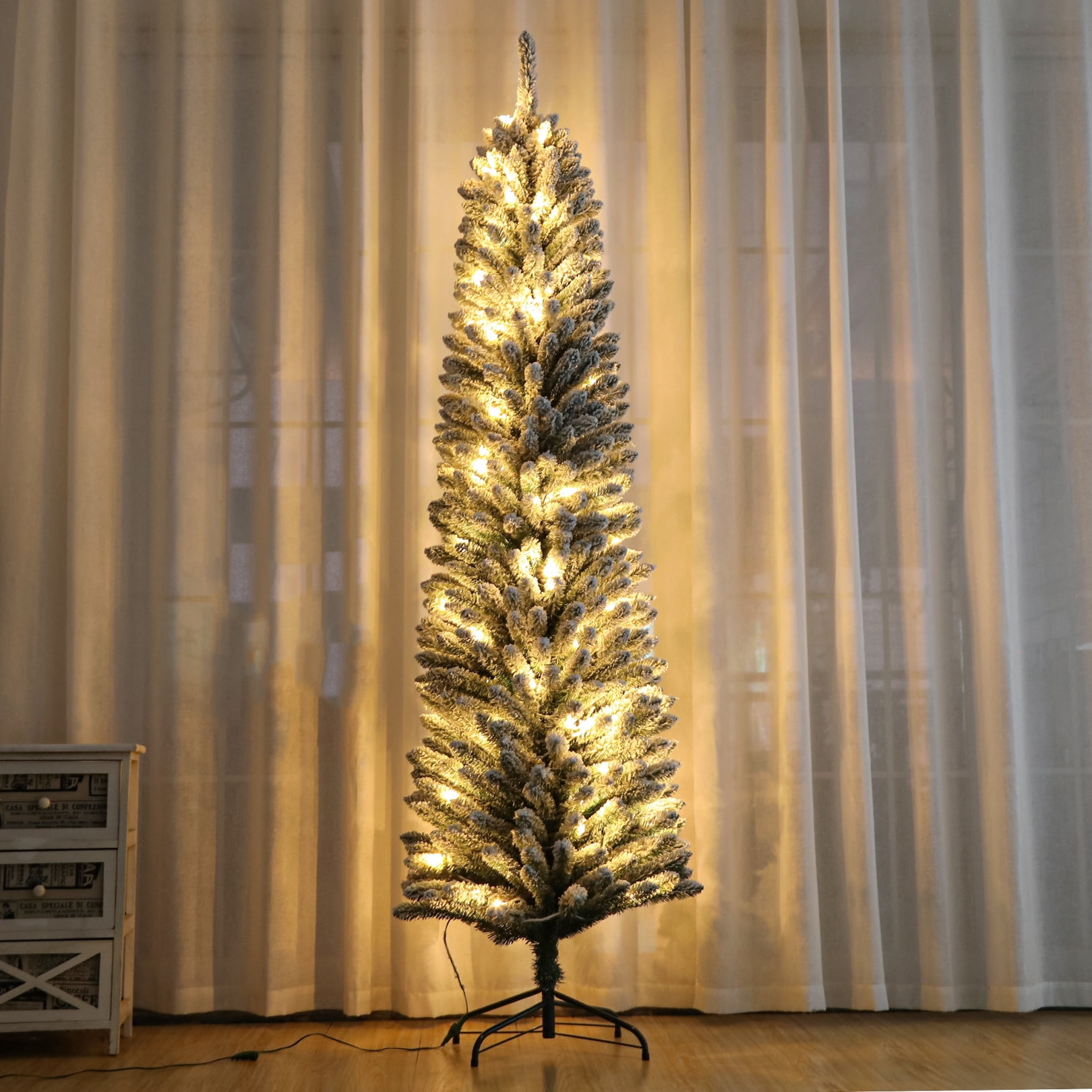 7ft Prelit Christmas Tree, Snow Flocked Pencil Christmas Tree with ...