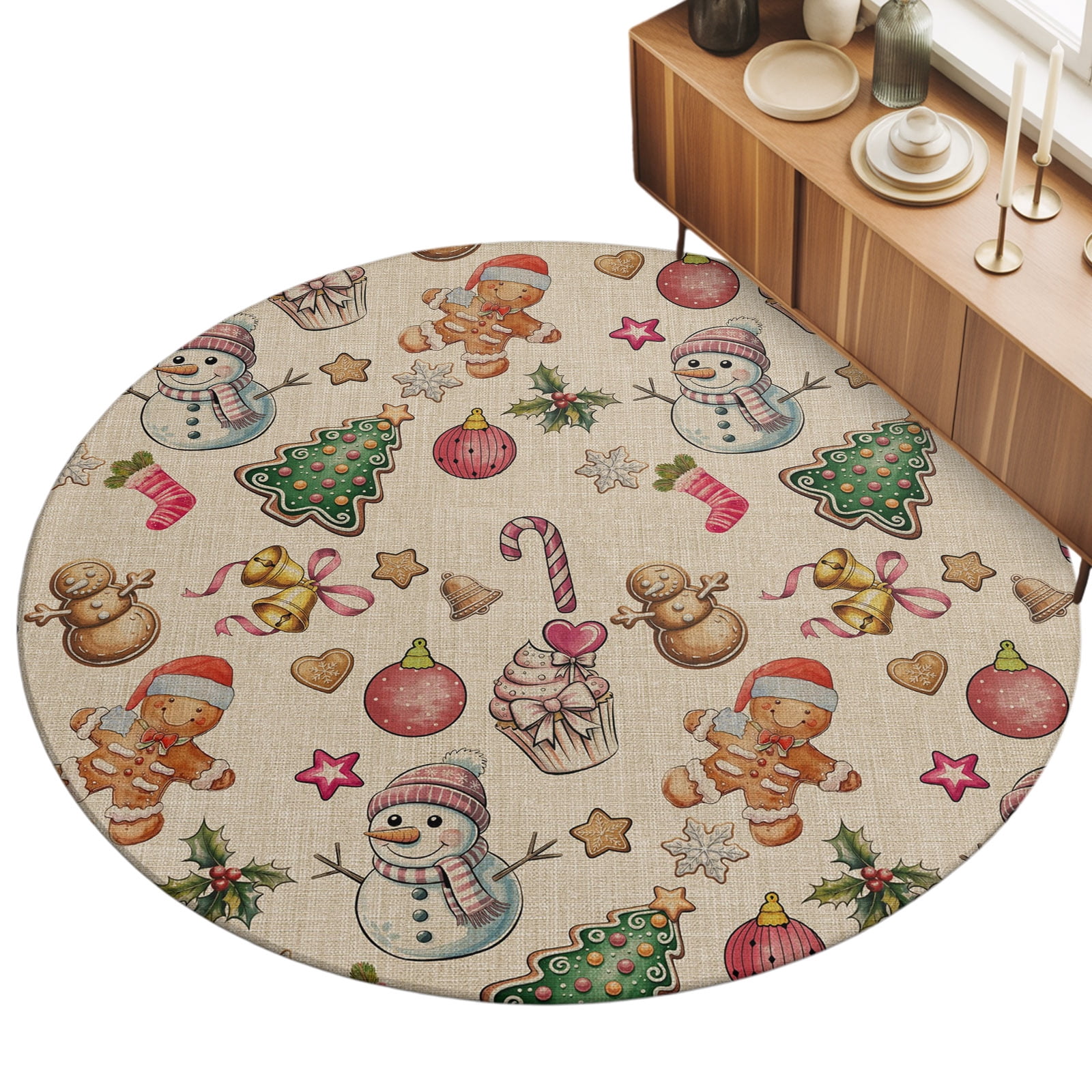 7ft Round Rug Beige Christmas Area Rugs for Living Room Bedroom ...