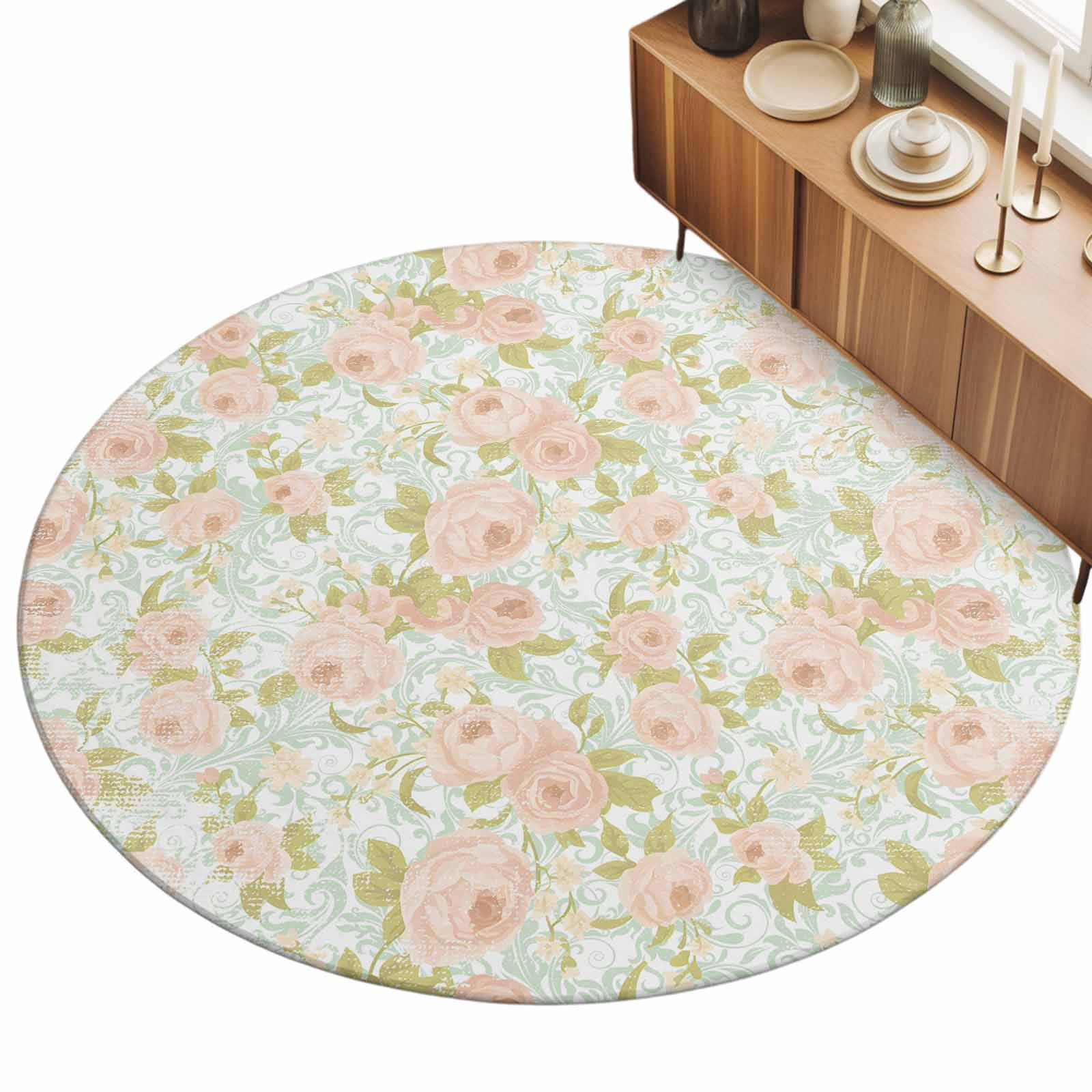 7ft Round Rug Beige Flowers Area Rugs for Living Room Bedroom Washable ...