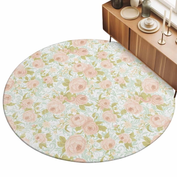 7ft Round Rug Beige Flowers Area Rugs for Living Room Bedroom Washable ...