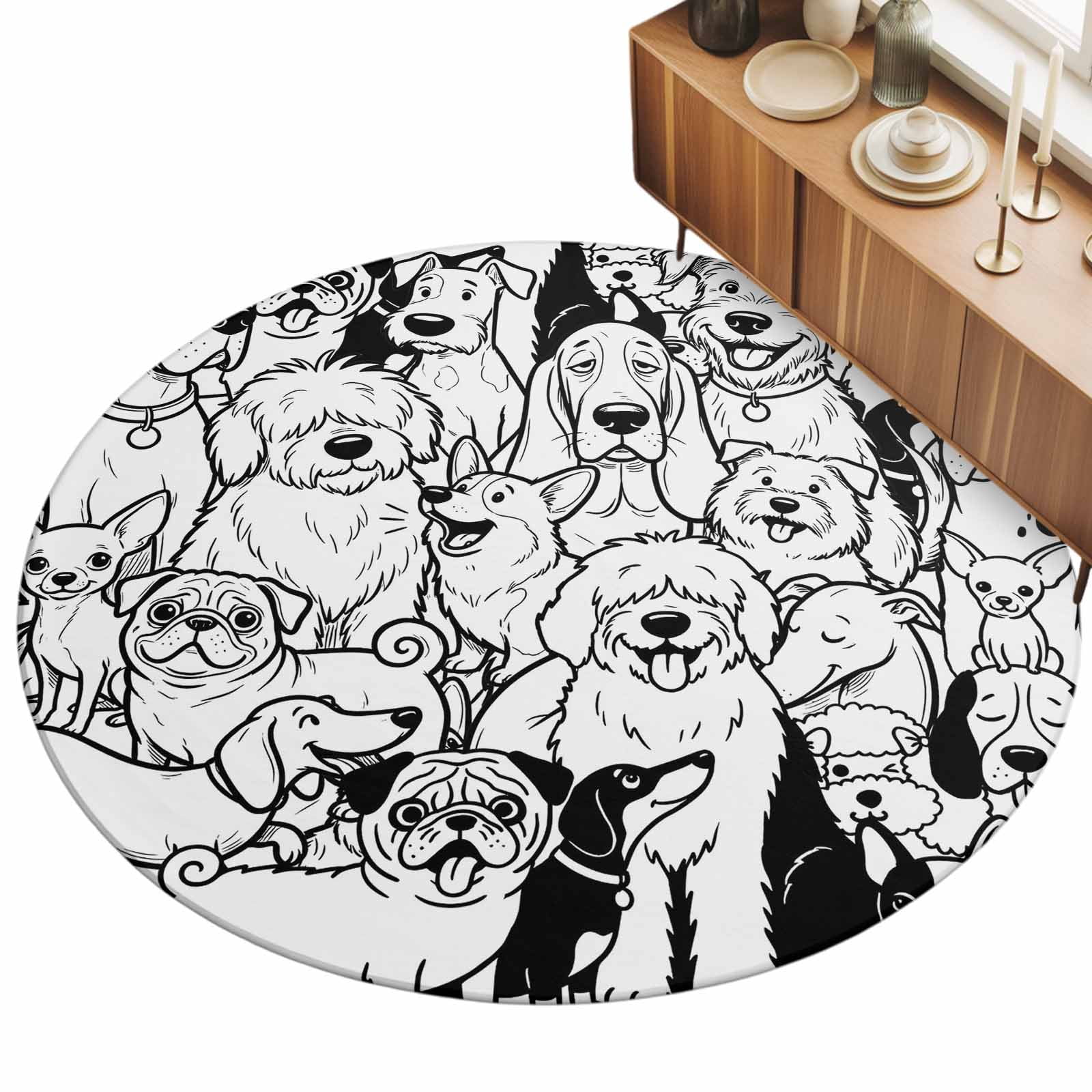 7ft Round Rug Black Dog Area Rugs for Living Room Bedroom Washable Non ...
