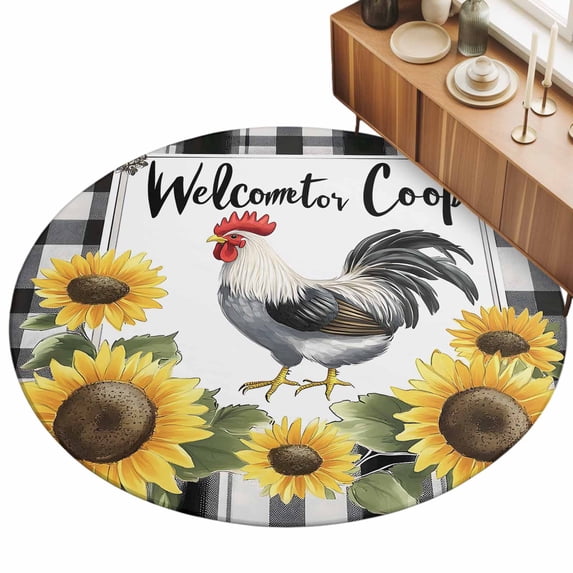 7ft Round Rug Black White Vintage Rooster Area Rugs for Living Room ...