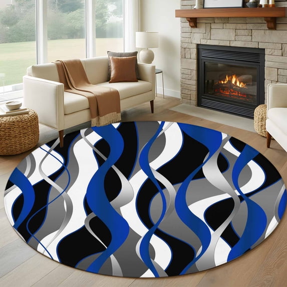 7ft Round Rug, Blue Black Stripes Non-Skid Rubber Backing Large Area ...