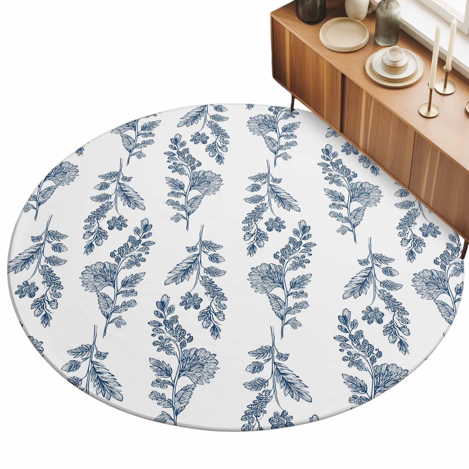 7ft Round Rug Blue Botanical Area Rugs for Living Room Bedroom Washable ...