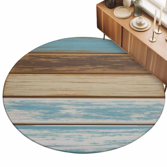 7ft Round Rug Blue Brown Area Rugs for Living Room Bedroom Washable Non ...