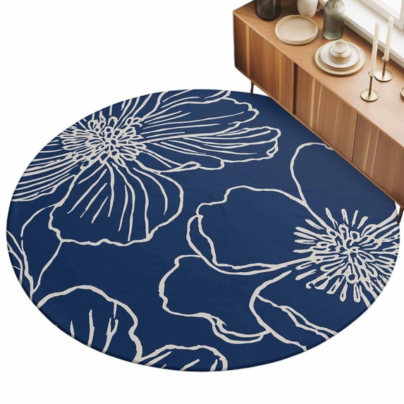 7ft Round Rug Blue Flowers Area Rugs for Living Room Bedroom Washable ...