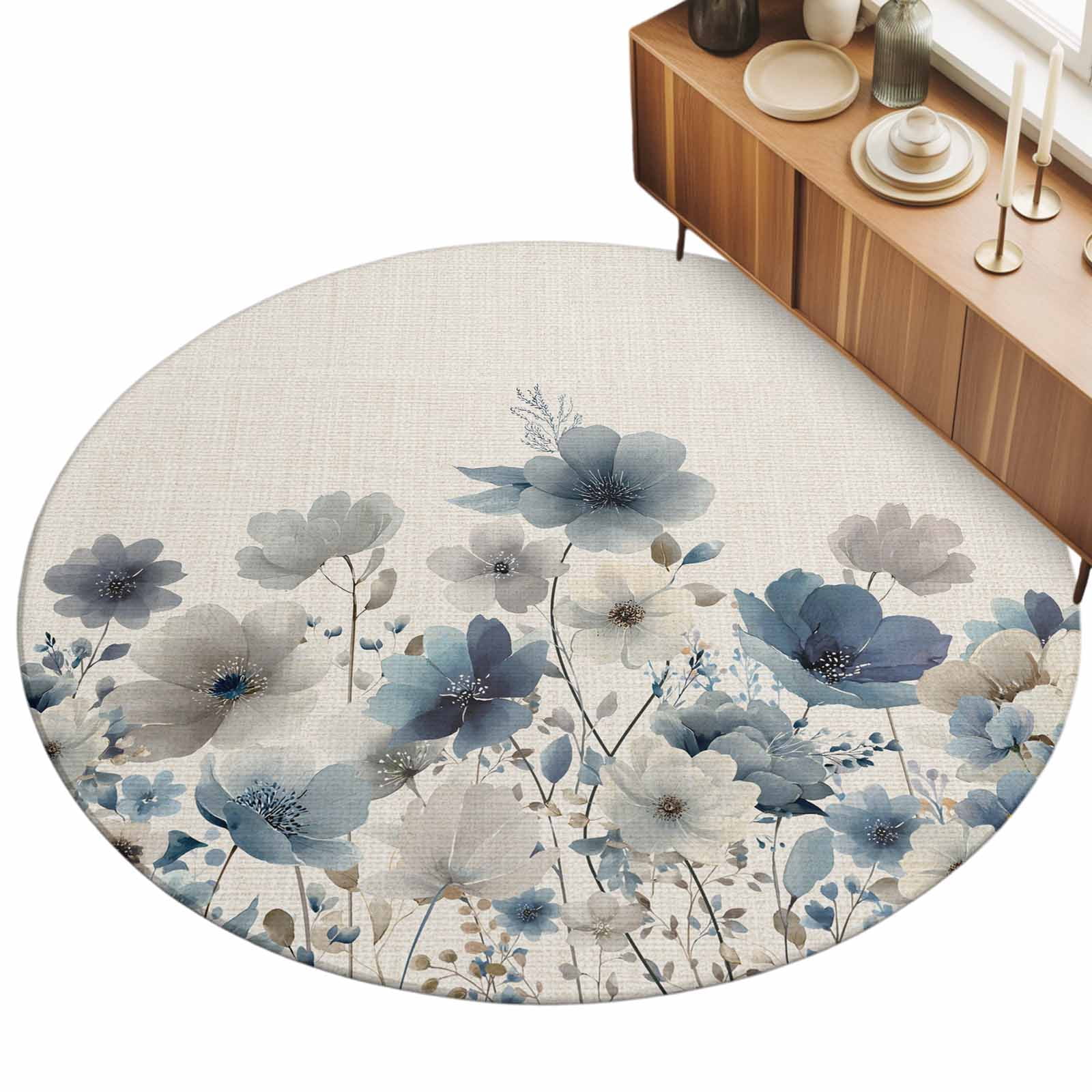 7ft Round Rug Blue Grey Flowers Area Rugs for Living Room Bedroom ...