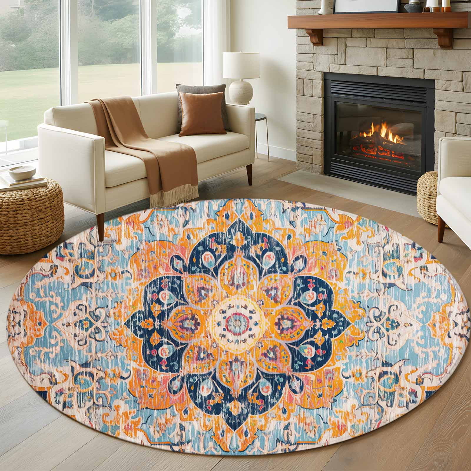 7ft Round Rug, Blue Non-Skid Rubber Backing Large Area Rugs - Living ...