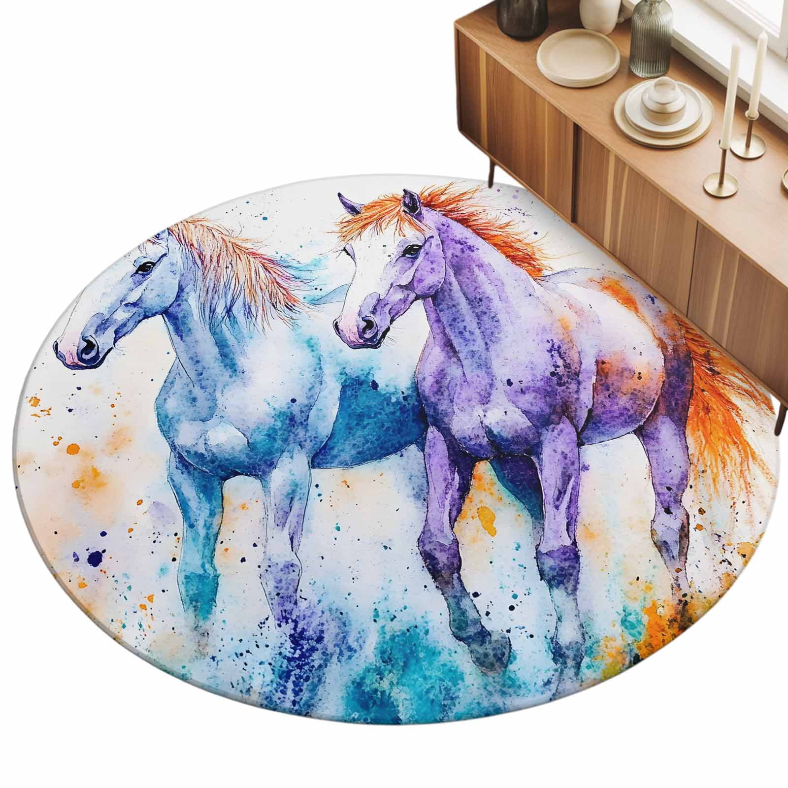 7ft Round Rug Blue Purple Horse Print Area Rugs for Living Room Bedroom ...