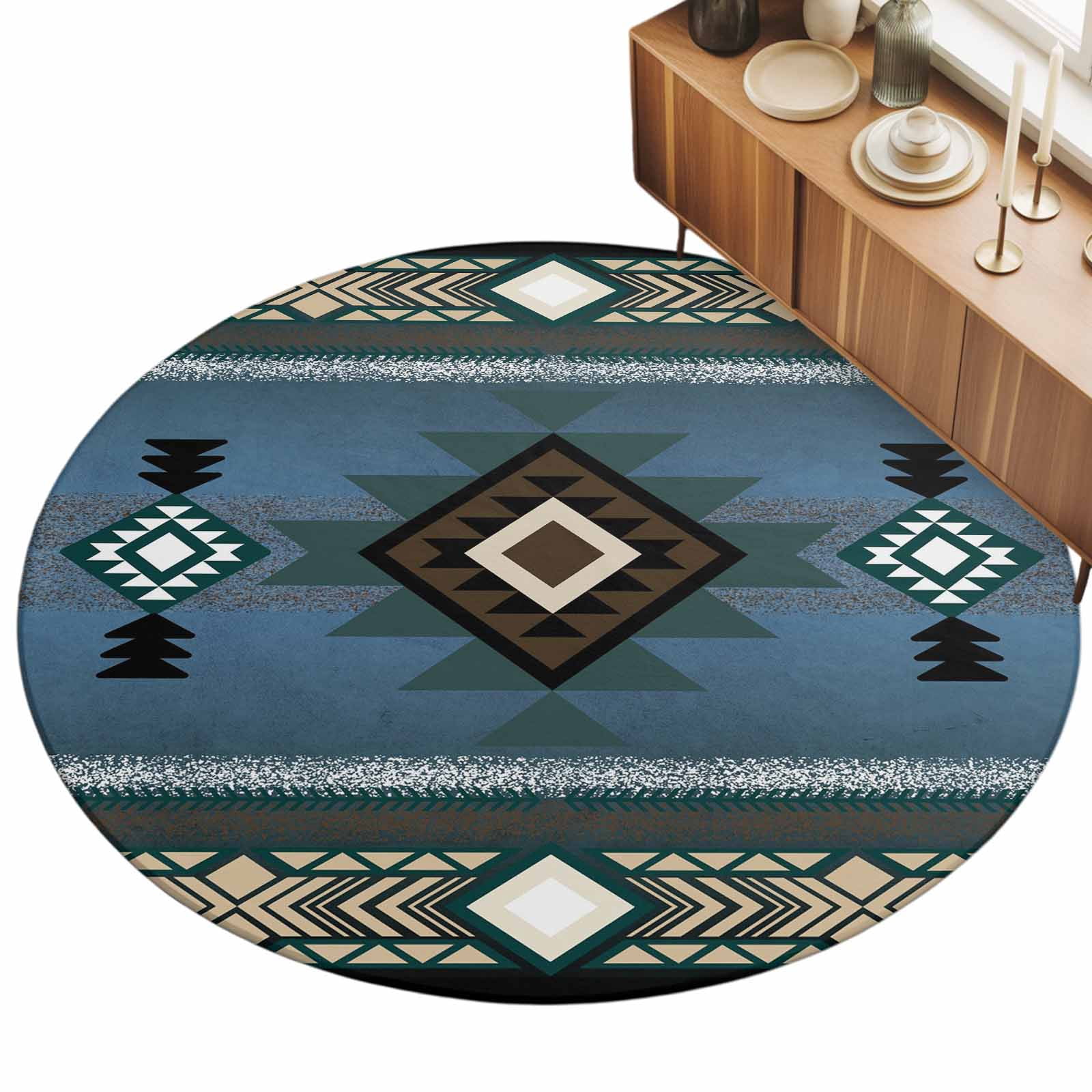 7ft Round Rug Blue Southwest Area Rugs for Living Room Bedroom Washable ...