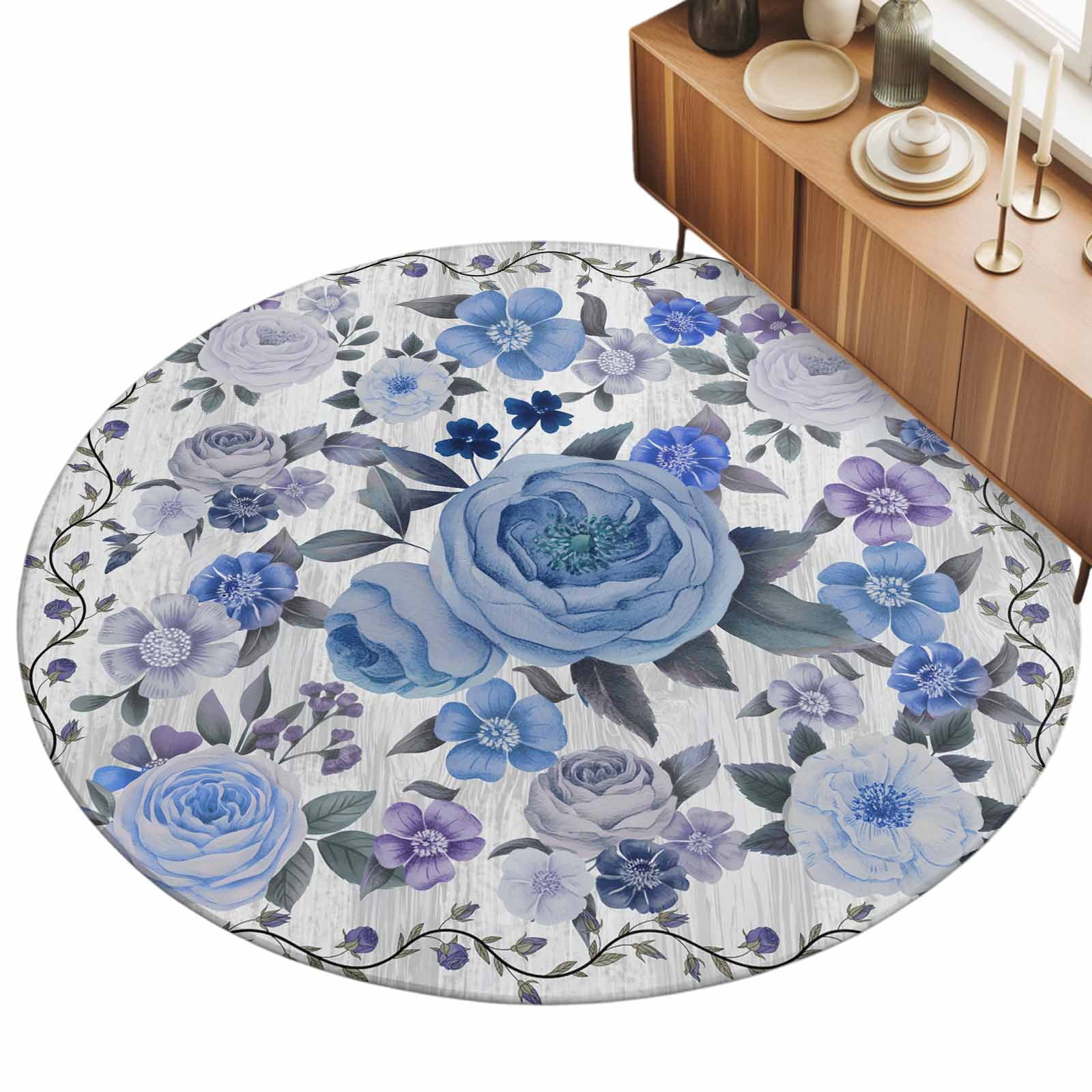 7ft Round Rug Boho Blue Flower Area Rugs for Living Room Bedroom ...