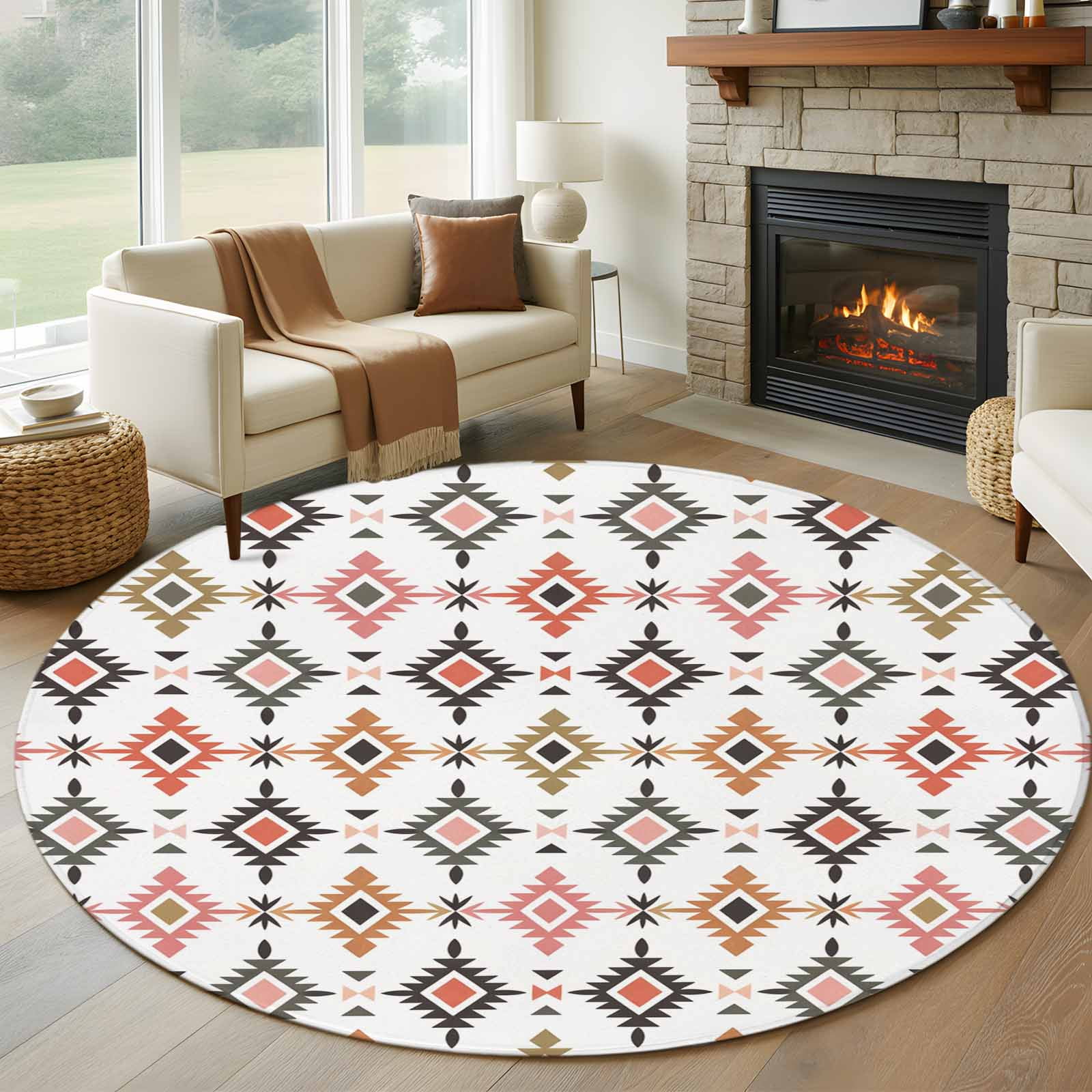 7ft Round Rug, Boho Colorful Geometric Non-Skid Rubber Backing Large ...
