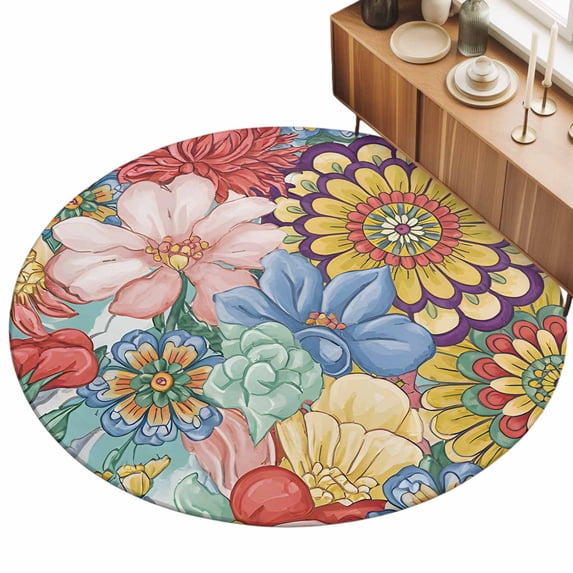7ft Round Rug Boho Floral Area Rugs for Living Room Bedroom Washable ...