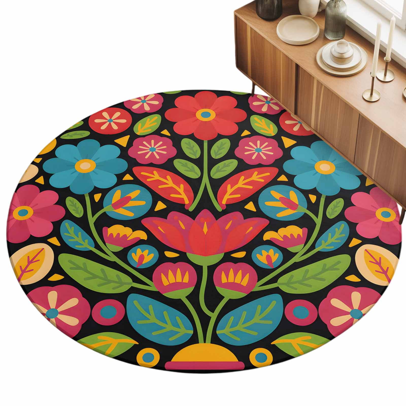 7ft Round Rug Boho Flower Area Rugs for Living Room Bedroom Washable ...