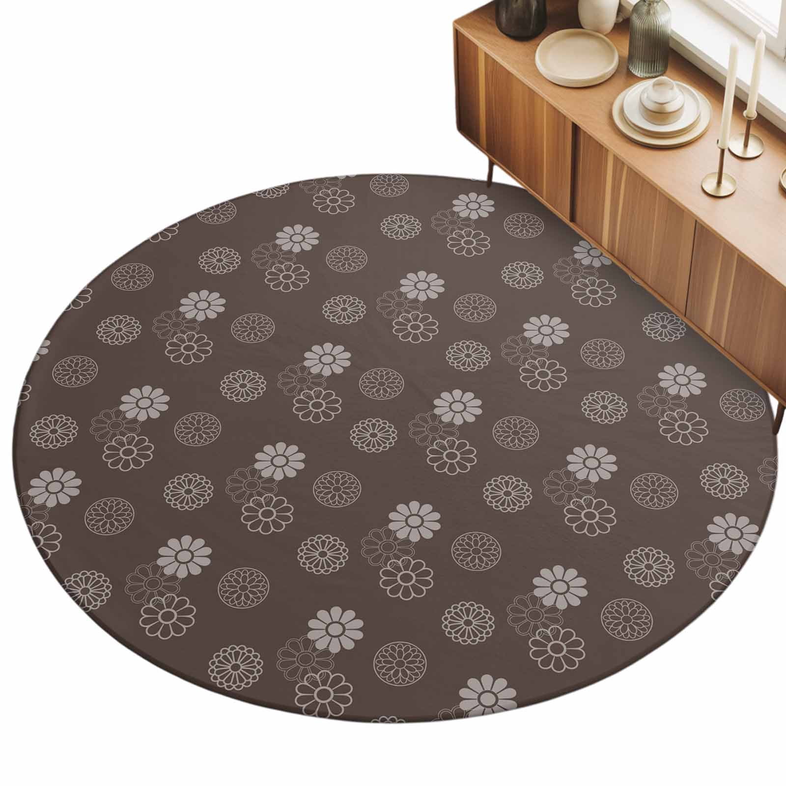 7ft Round Rug Brown Daisy Area Rugs for Living Room Bedroom Washable ...