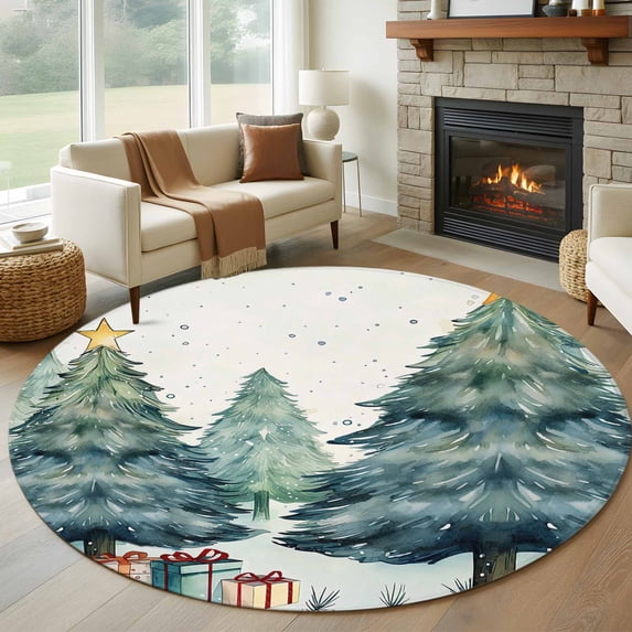 7ft Round Rug, Christmas Tree Non-Skid Rubber Backing Large Area Rugs ...