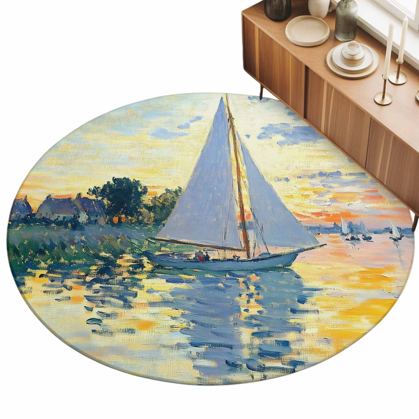 7ft Round Rug Coastal Nautical Area Rugs for Living Room Bedroom ...