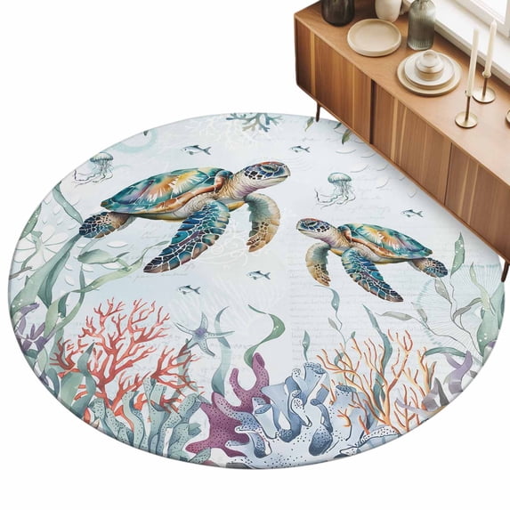 7ft Round Rug Coastal Turtle Area Rugs for Living Room Bedroom Washable ...
