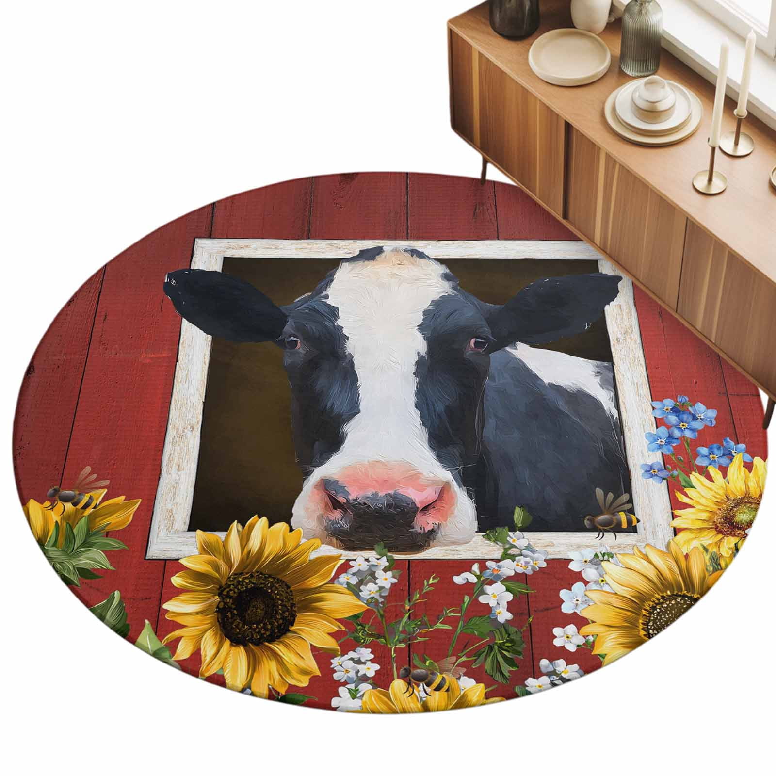 7ft Round Rug Cow Sunflowers Area Rugs for Living Room Bedroom Washable ...