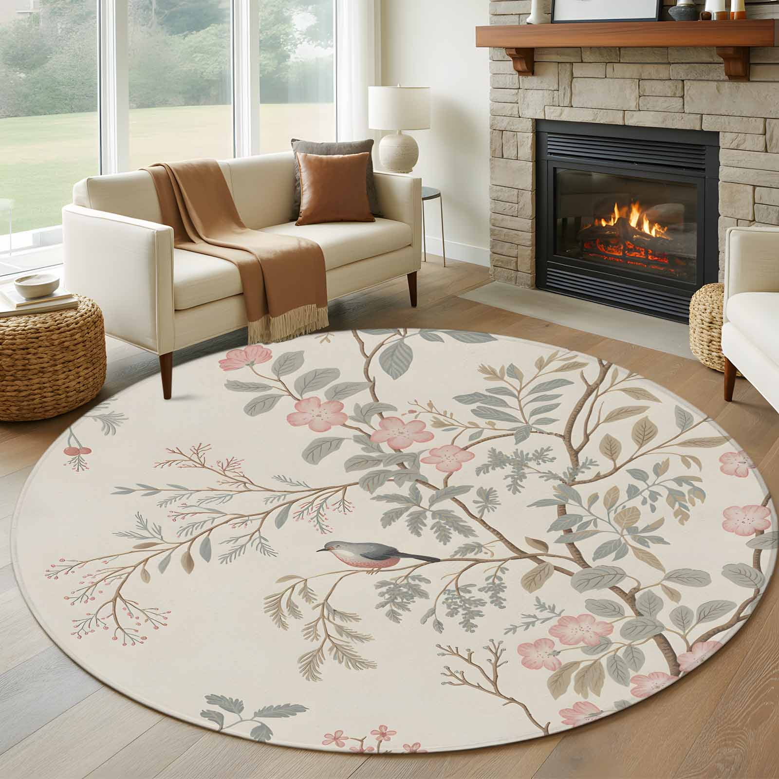7ft Round Rug, Fall Flower Non-Skid Rubber Backing Large Area Rugs ...
