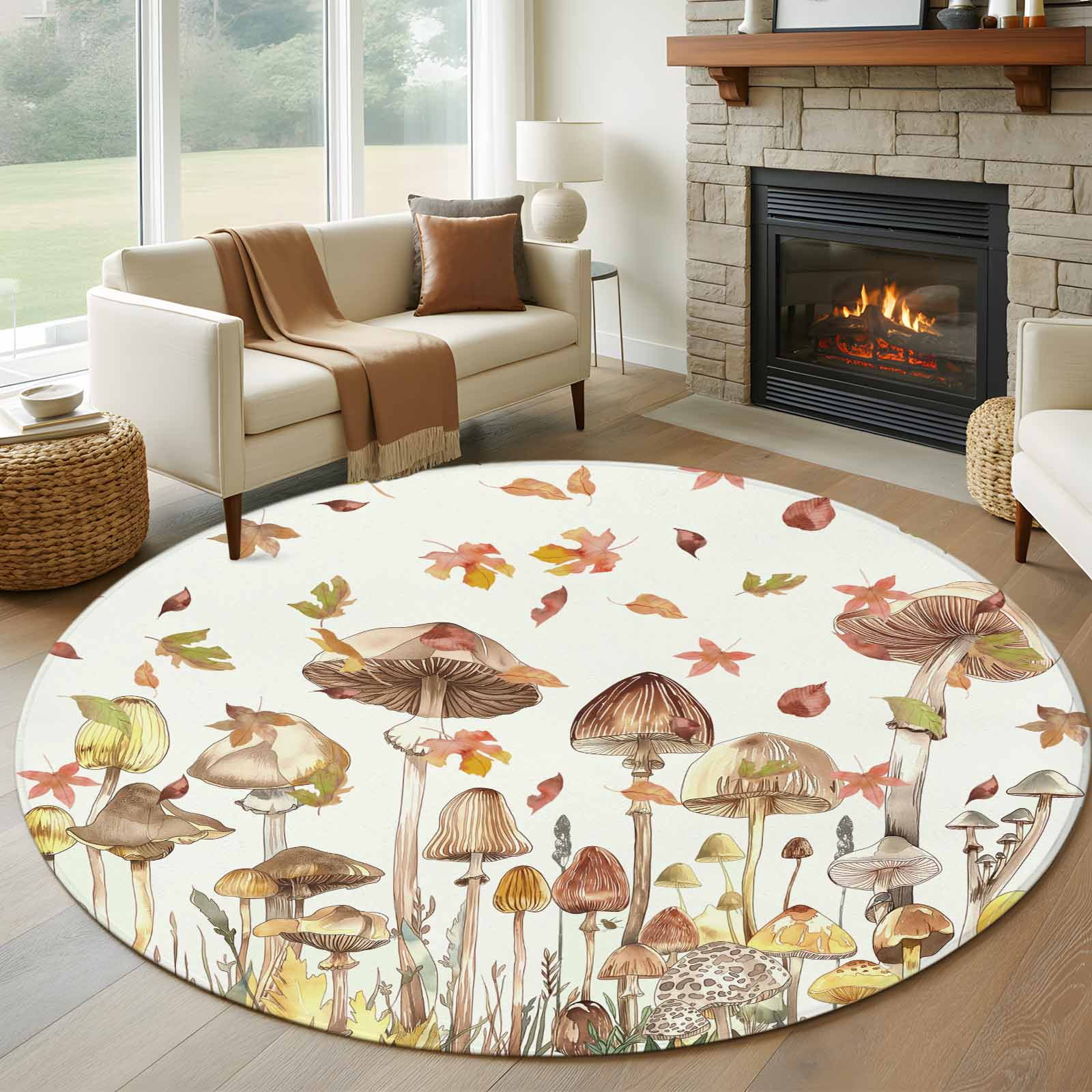 7ft Round Rug, Fall Mushroom Non-Skid Rubber Backing Large Area Rugs ...