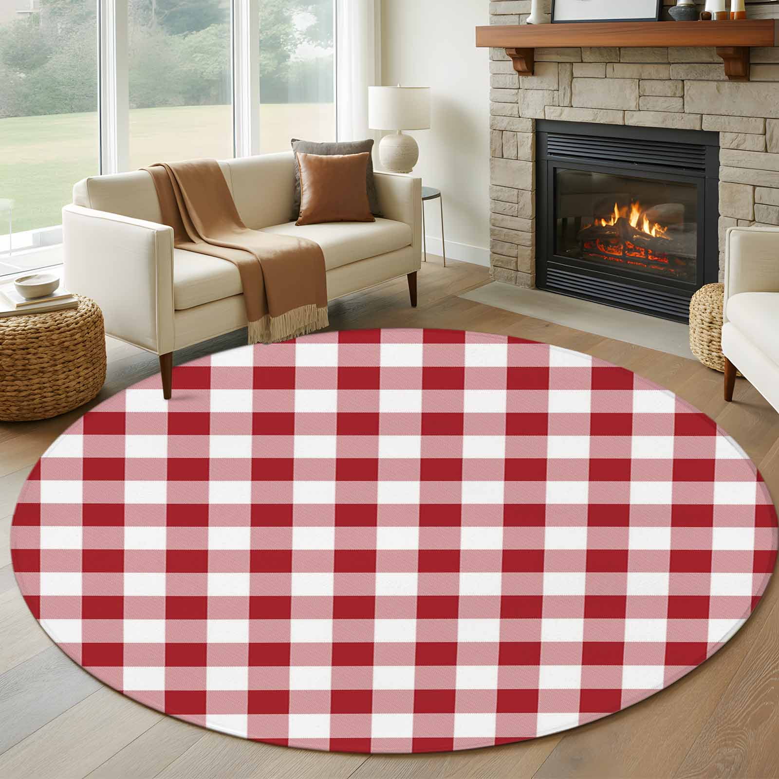 7ft Round Rug, Farmhouse Red Plaid Non-Skid Rubber Backing Large Area ...