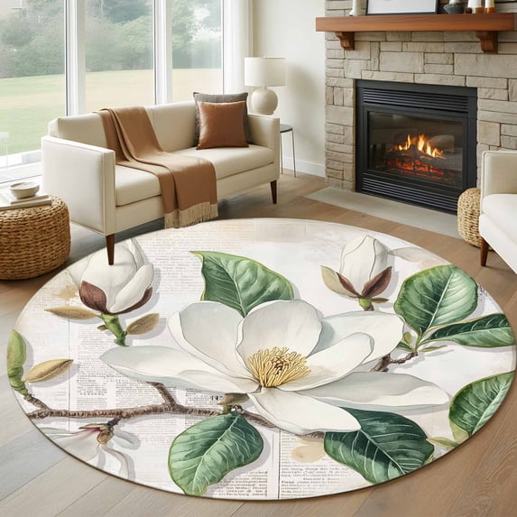 7ft Round Rug, Flowers Leaves Non-Skid Rubber Backing Large Area Rugs ...
