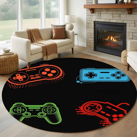 7ft Round Rug, Game Controller Non-Skid Rubber Backing Large Area Rugs ...
