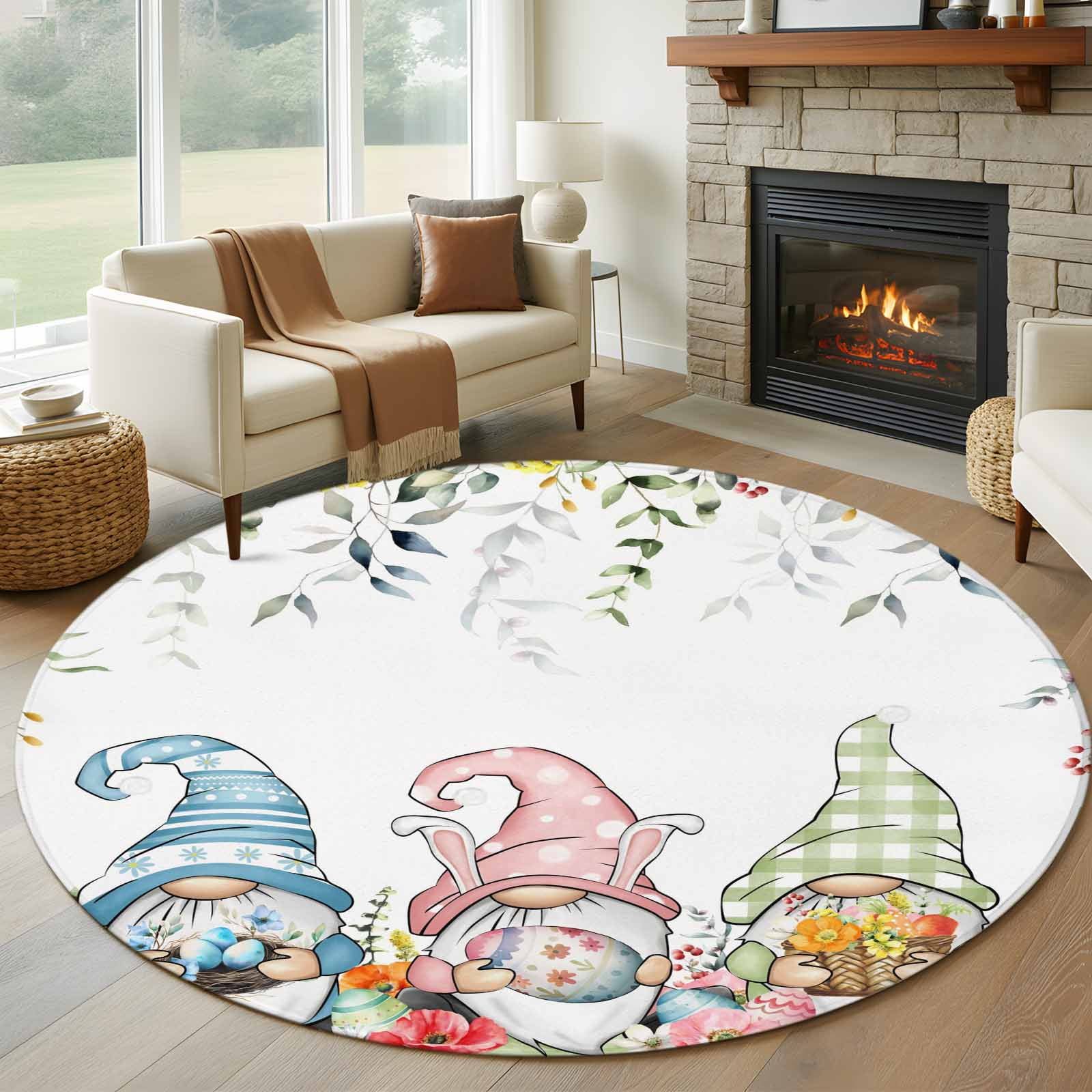 7ft Round Rug, Gnomes Easter Non-Skid Rubber Backing Large Area Rugs ...