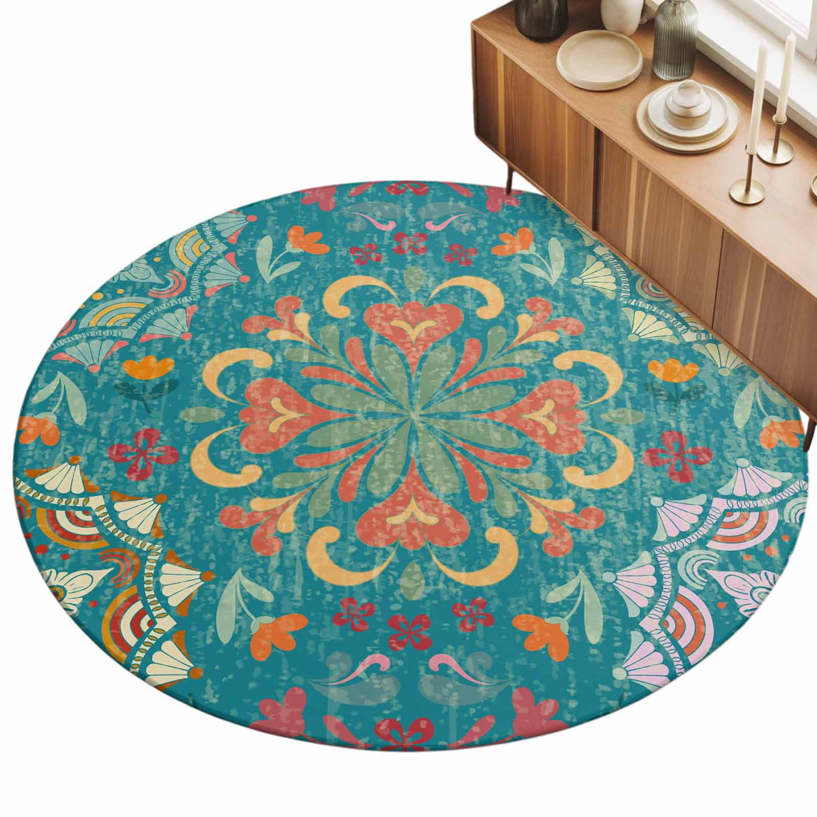 7ft Round Rug Green Boho Area Rugs for Living Room Bedroom Washable Non ...