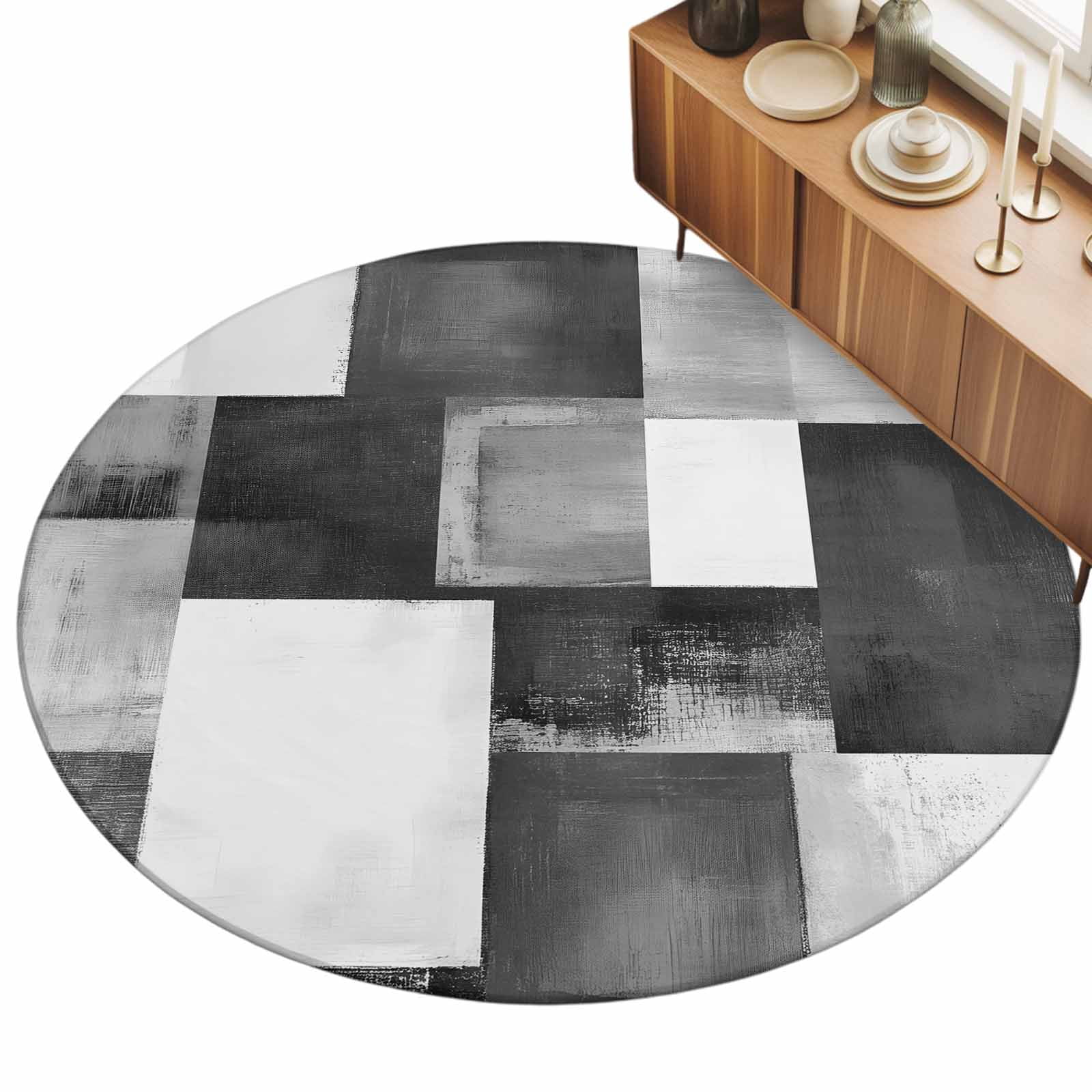 7ft Round Rug Grey Geometric Area Rugs for Living Room Bedroom Washable ...
