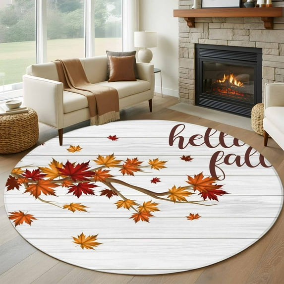 7ft Round Rug, Maple Leaves Fall Non-Skid Rubber Backing Large Area ...