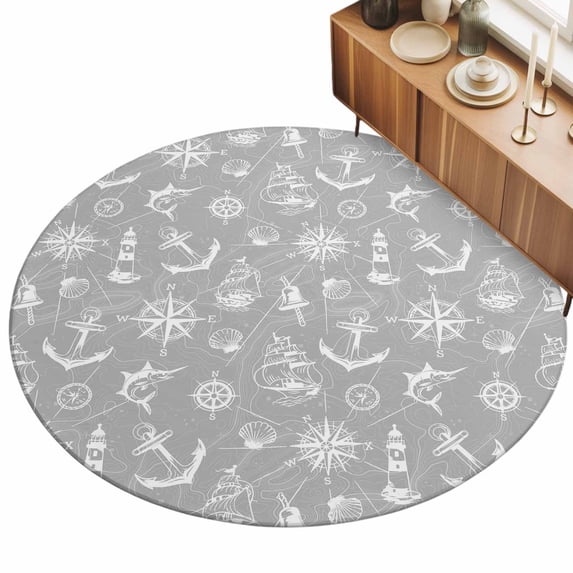 7ft Round Rug Nautical Grey Area Rugs for Living Room Bedroom Washable ...