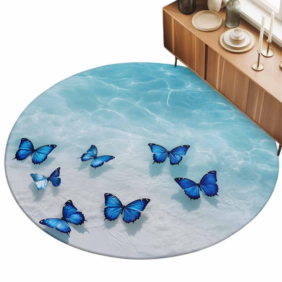 7ft Round Rug Navy Blue Butterflies Coastal Area Rugs for Living Room ...