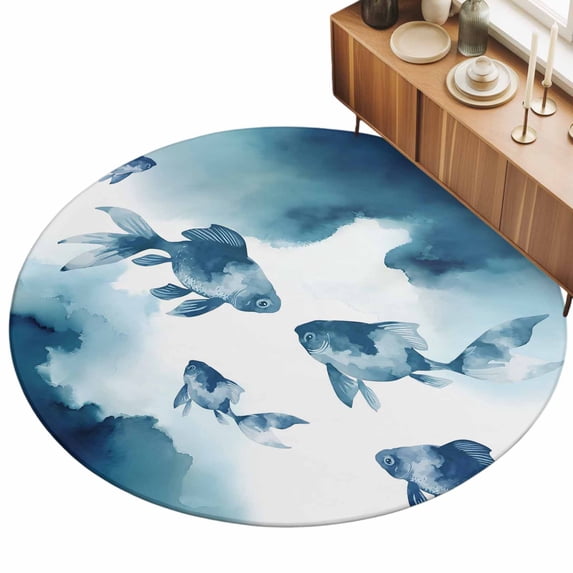 7ft Round Rug Navy Blue Fish Area Rugs for Living Room Bedroom Washable ...