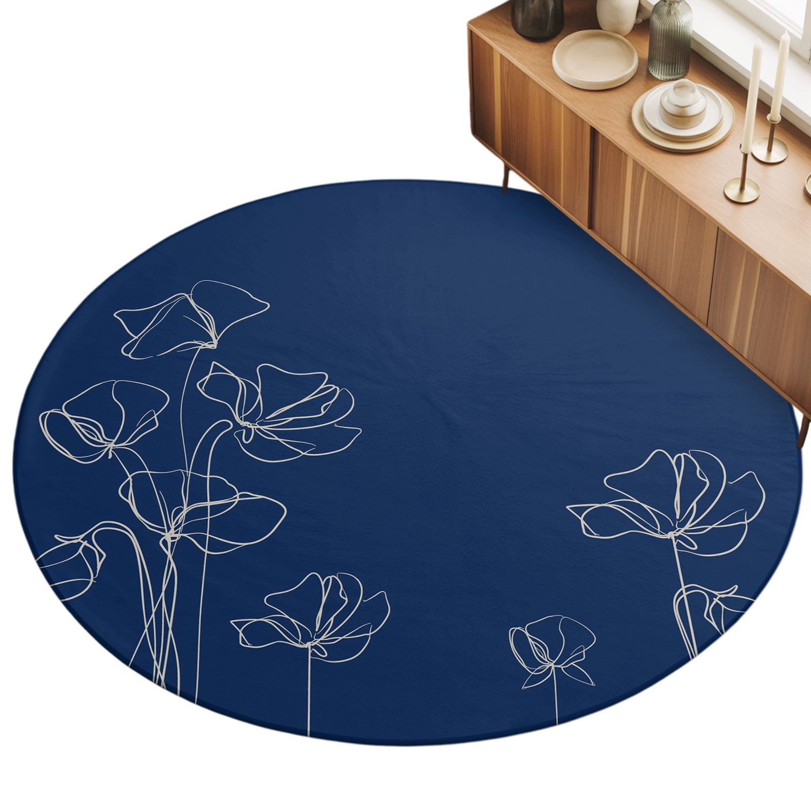 7ft Round Rug Navy Blue Flowers Area Rugs for Living Room Bedroom ...