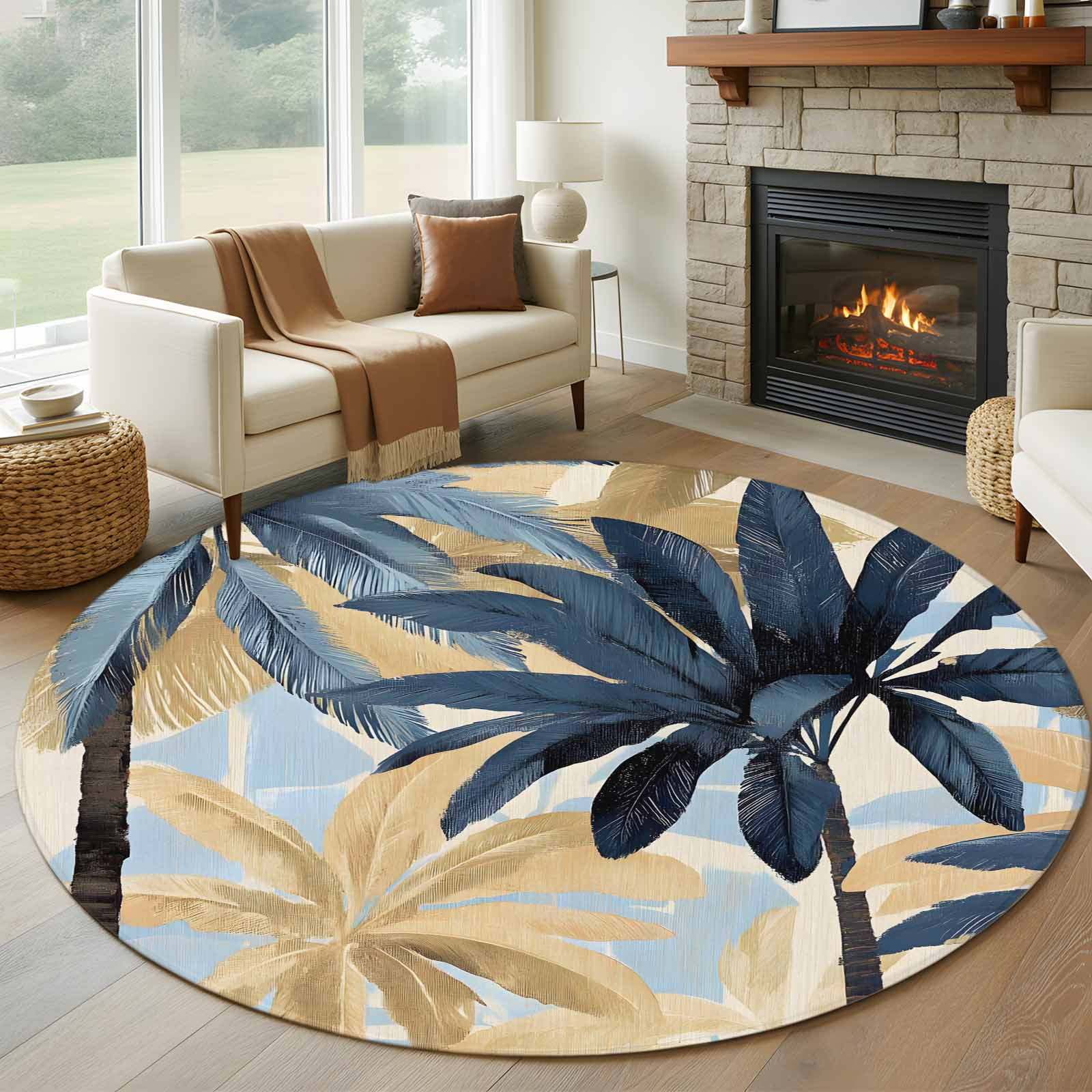 7ft Round Rug, Navy Blue Palm Trees Non-Skid Rubber Backing Large Area ...