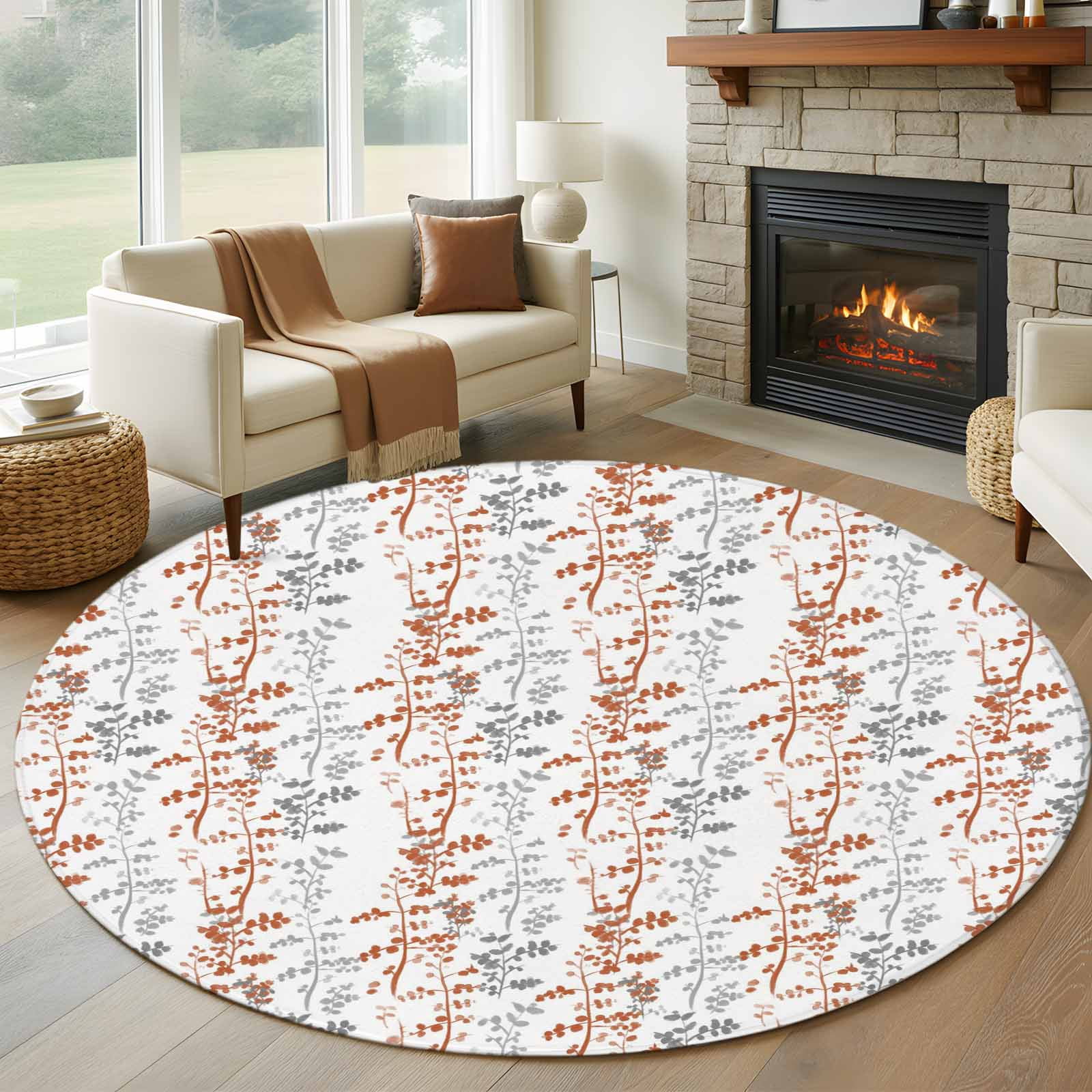 7ft Round Rug, Orange Grey Botanical Non-Skid Rubber Backing Large Area ...