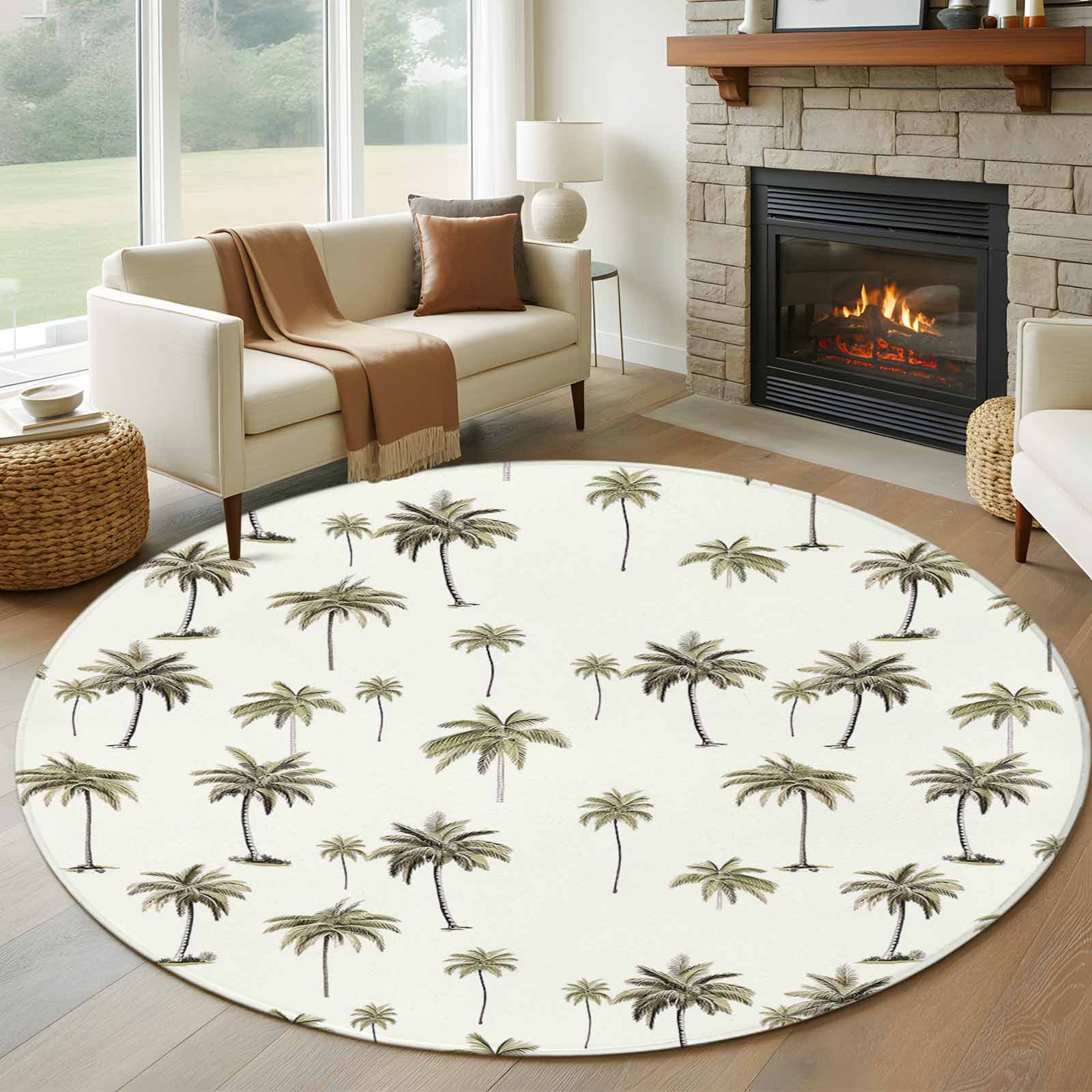 7ft Round Rug, Palm Trees Non-Skid Rubber Backing Large Area Rugs ...