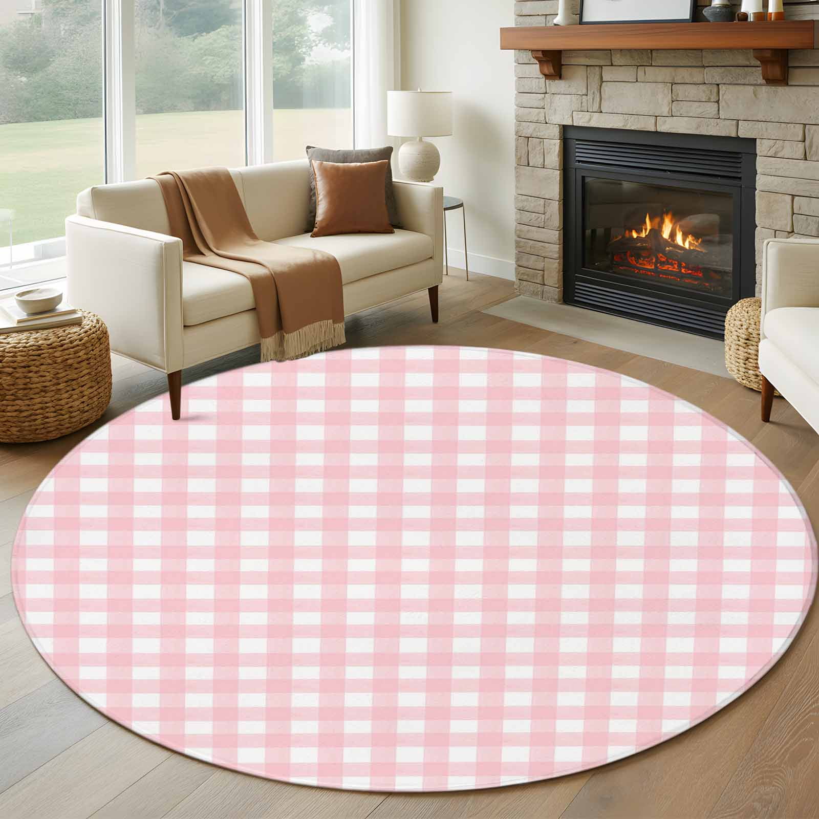 7ft Round Rug, Pink Buffalo Plaid Non-Skid Rubber Backing Large Area ...
