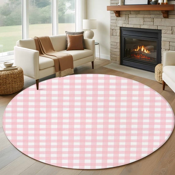 7ft Round Rug, Pink Buffalo Plaid Non-Skid Rubber Backing Large Area ...