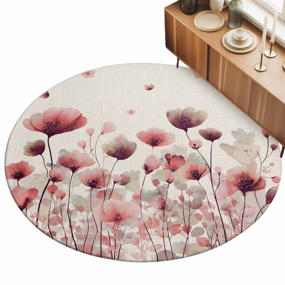 7ft Round Rug Pink Flowers Area Rugs for Living Room Bedroom Washable ...