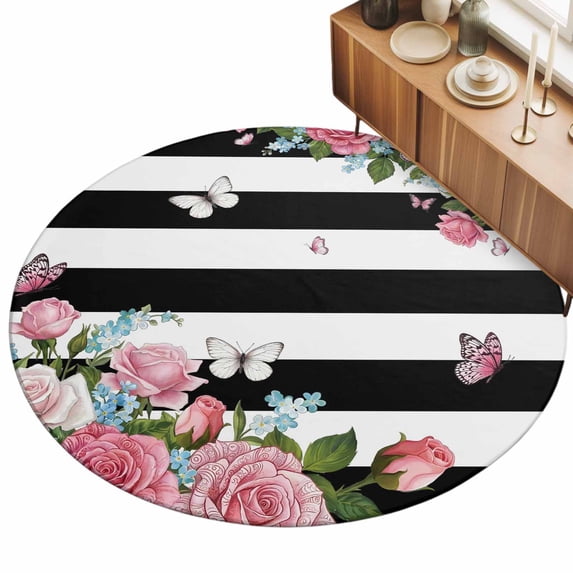 7ft Round Rug Pink Flowers Area Rugs for Living Room Bedroom Washable ...